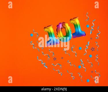 Multicolored balloon for number 101 celebration. Happy birthday on ...