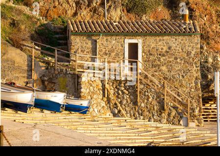 Valldemossa Port, traditional houses and boatyards, Mallorca. Balearic ...