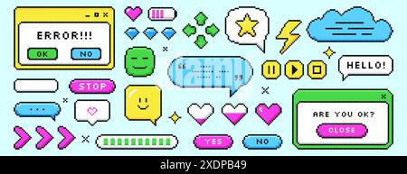 Pixel art buttons and speech bubbles. Colorful pixelated elements with ...