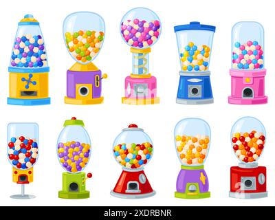 Gashapon candy vending machine toy with gum ball vector. Vintage isolated bubblegum plastic ...