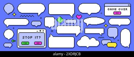Pixel art frames. Retro 8 bit buttons, arrows, speech bubble messages ...