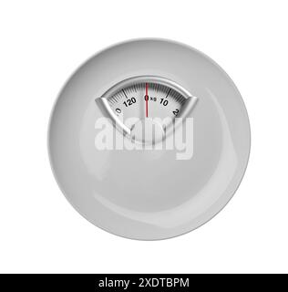 Plate with analog weighing scale display isolated on white, top view ...