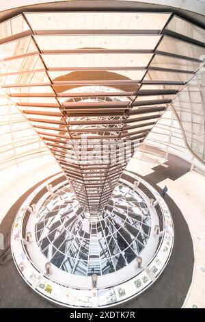 The intricate metal spiral ramp leading upwards inside the modern glass ...