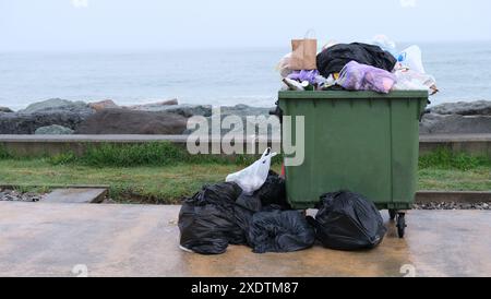 Full dumpsters garbage containers standing ear sea. Environmental ...