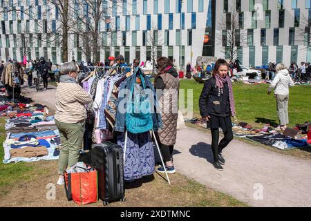 People at Dallapé Park outdoor pop-up flea market in Vallila district ...