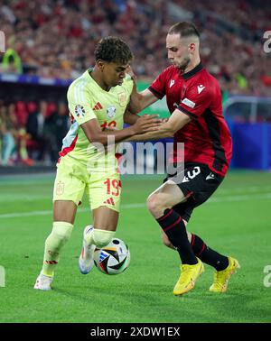 Mario Mitaj of Albania (L) and Lamine Yamal of Spain (R) seen in action ...