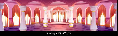 Royal palace ballroom with marble pillars and red curtains on windows ...