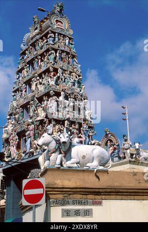 Gopuram tower with gaudy deities, Sri Mariamman Temple, Little India ...