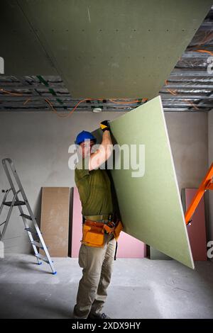 Construction worker carrying a large plasterboard with the help of a ...