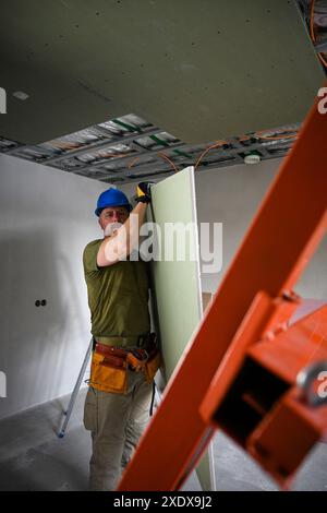 Construction worker carrying a large plasterboard with the help of a ...