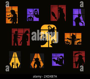 Halloween windows, scary, silhouettes. Vector haunted house facade with ...