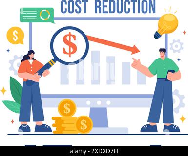 Cost Reduction Vector Illustration depicting Decrease, Price Minimization, or Falling Profit ...