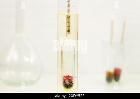 Measurement of solution density with a glass hydrometer in a lab Stock ...