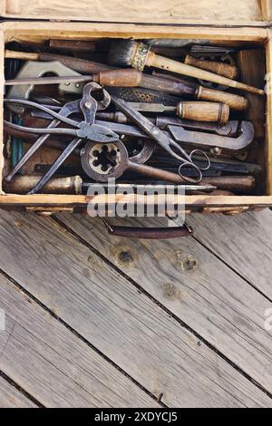 Old box with the different hand tools Stock Photo - Alamy