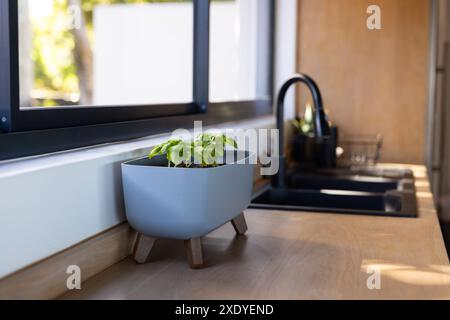 Kitchen appliances near the sink with room lamp lighting Stock Photo ...