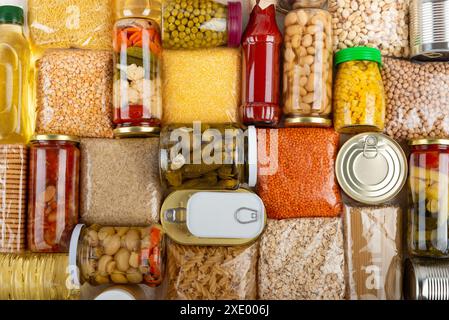 Emergency survival groceries on kitchen table closeup flat lay Stock ...