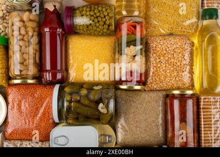 Emergency survival groceries on kitchen table closeup flat lay Stock ...