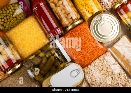 Emergency survival groceries on kitchen table closeup flat lay Stock ...
