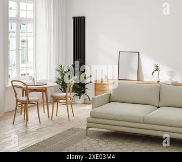 Interior of living room with chest of drawers, stool and houseplant ...