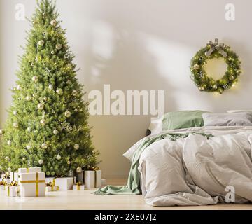 Interior bedroom with bed and Christmas tree new year holidays gifts ...