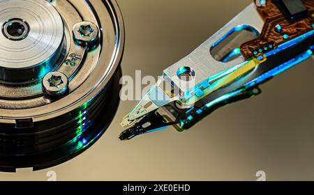 Macro Close up of inside of magnetic Hard Disc Drive with mirror ...