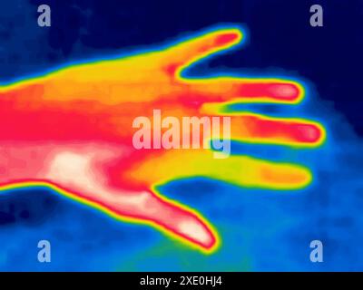 Hand gestures captured on thermal imager device. Warm hands of an ...
