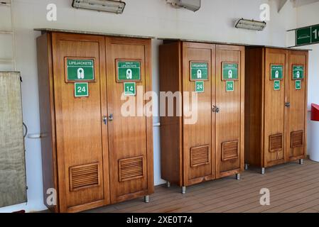 Lockers containing life jackets on the promenade deck of Cunard cruise ...