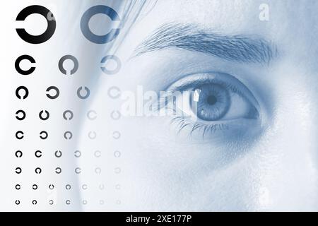 Landolt ring chart and closeup of woman's eye, selective focus. Vision ...