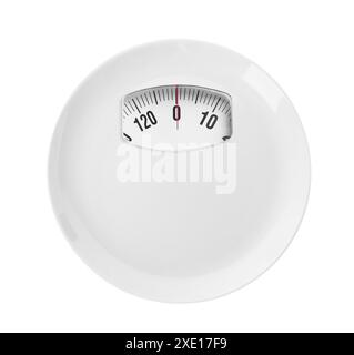 Plate with analog weighing scale display isolated on white, top view ...