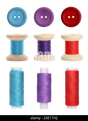 colorful threads and buttons on white knitted fabric Stock Photo - Alamy