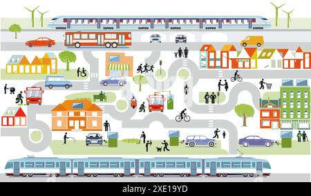City overview with traffic and houses, information illustration Stock ...