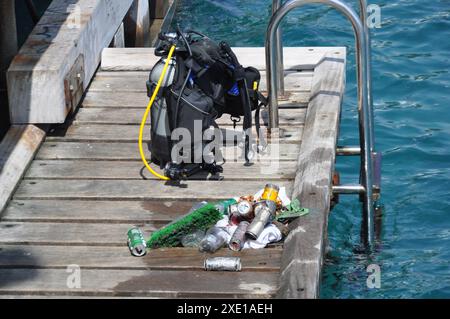 They are engaging in marine debris retrieval from floating waste Stock ...