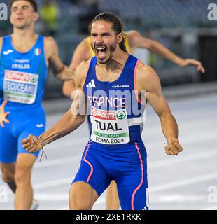 Gabriel Tual, of France celebrates after winning the gold medal in the ...