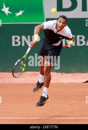Felix Auger-Aliassime in action during his match against Ben Shelton on day four of the Nitto ...