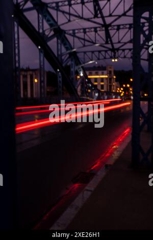 Lights of cars at night. Street line lights. Night highway city. Long ...