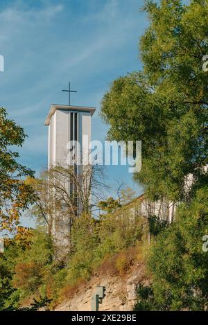 Modern Church Tower with Big Metal Cross. Modern church tower crowned ...