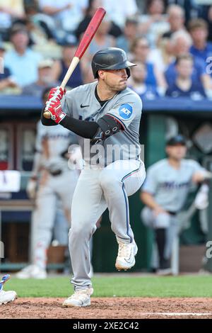 Miami Marlins catcher Nick Fortes (4) talks with pitcher Max Meyer ...