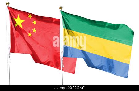 Flag of China and Republic of Gabon on cloudy sky. waving in the sky ...