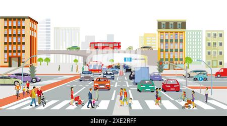 Road traffic with pedestrians and crosswalk, illustration Stock Photo ...
