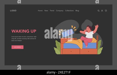 Waking up concept. Startled boy, jolted awake by his loud alarm clock ...