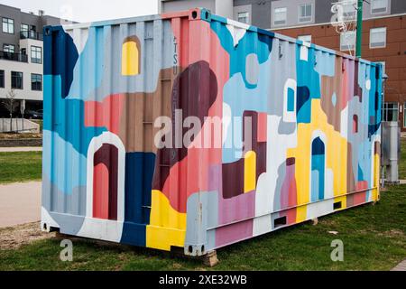Abstract mural on a shipping container at Place 1604 in Dieppe, New ...