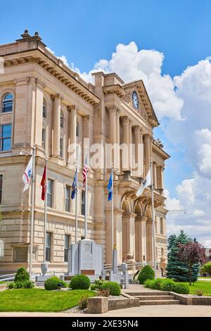 Neoclassical Courthouse with Flags and War Memorial Daytime Perspective ...