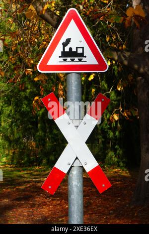 Warning sign attention to rail traffic Stock Photo - Alamy