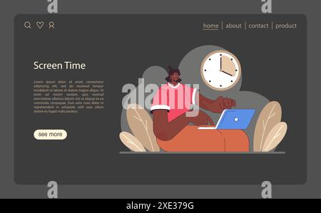 Digital detox web or landing dark or night mode set. Characters ...
