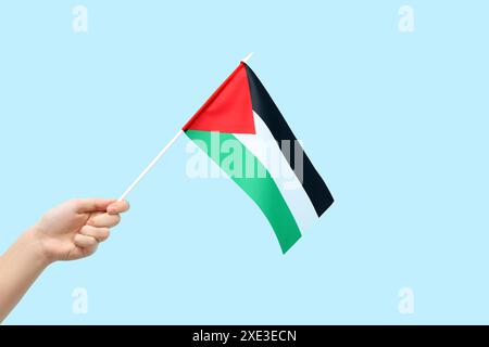 Female hand with flag of Palestine on blue background Stock Photo - Alamy