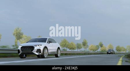 3d render of driving suv car or cruising vehicle on highway road for ...