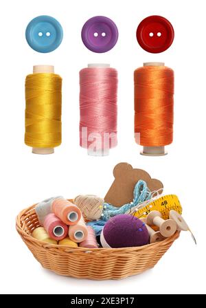 Wicker basket with colorful sewing threads on white background, closeup ...