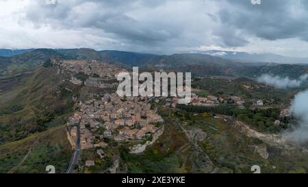 Drone perspective of the picturesque mountain village of Gerace in ...