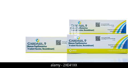 CHONBURI, THAILAND-JUNE 14, 2024: Gardasil 9 HPV vaccine. Prevention of Human Papillomavirus, 9 ...
