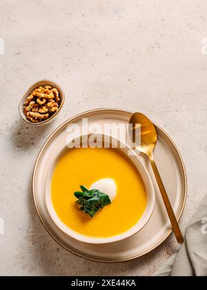 A warm bowl of savory vegetable puree, garnished with spices. This ...